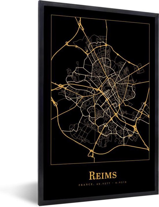 Fotolijst incl. Poster - Kaart - Reims - Goud - Zwart - 20x30 cm ...