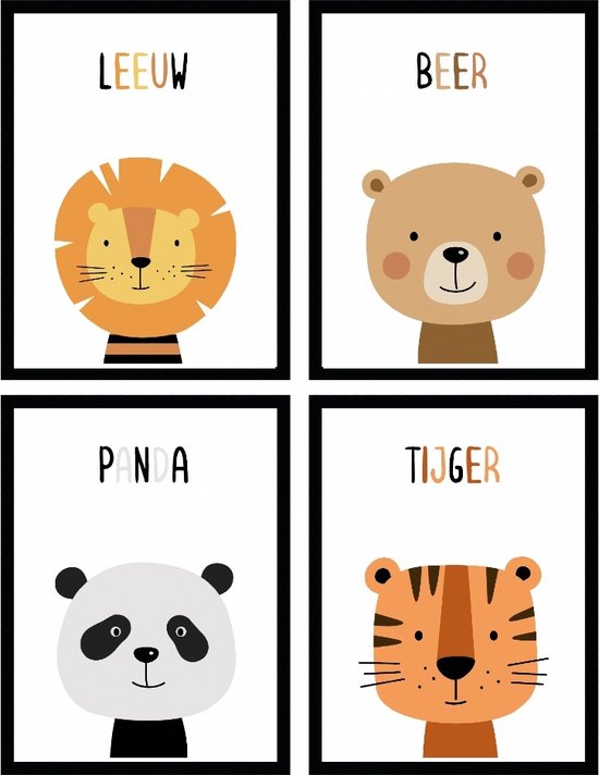 Poster Enfants - Set de 4 affiches Bébé animaux - Lion, Ours, Panda et ...