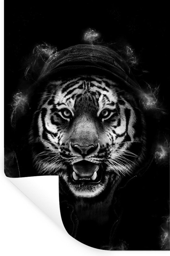 Muurstickers - Sticker Folie - Tijger met een capuchon tussen lichten op een zwarte... | bol