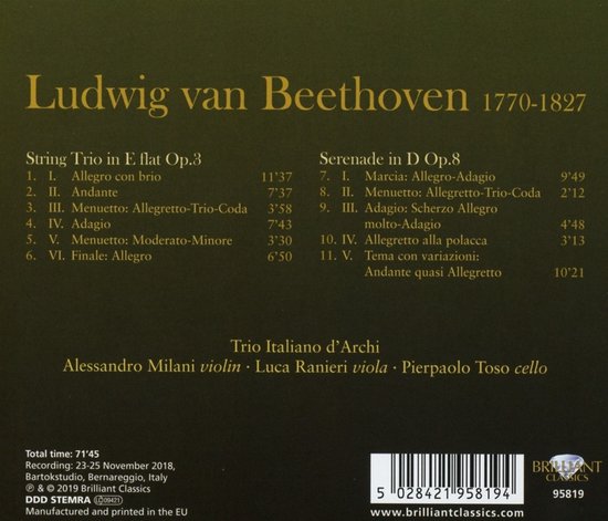 Trio Italiano D'Archi - Beethoven: String Trio Op.3, Serenade Op.8 (CD), Trio Italiano... | bol