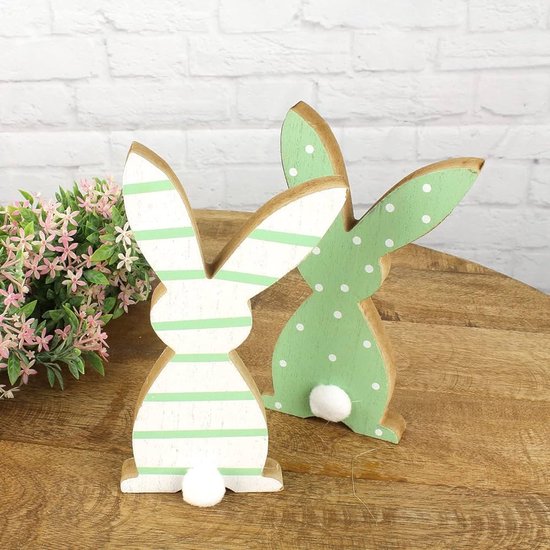 Decoratieve houten paashazen - set van 2 - groen/wit - paasdecoratie | bol