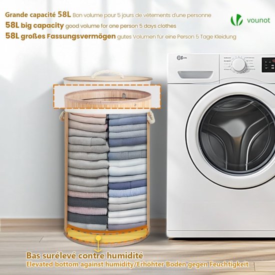 Ronde Wasmand van Bamboe met Deksel en 2 Uitneembare Waszakken ...