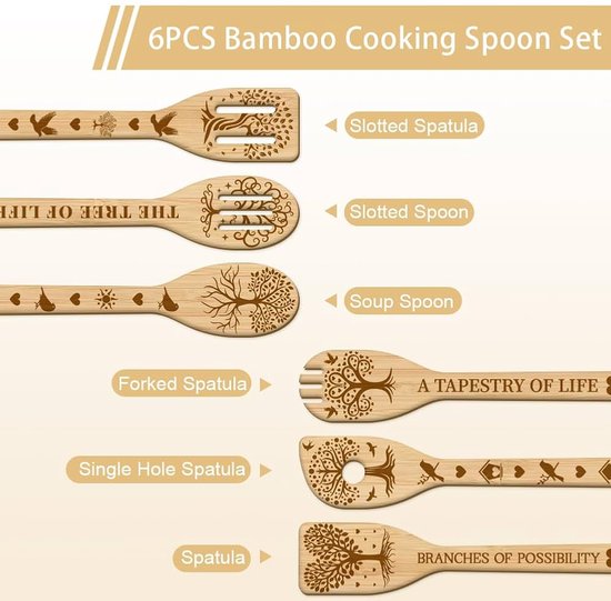 Houten Lepels Set met Levensboom Motief - 6 Stuks - Bamboe | bol