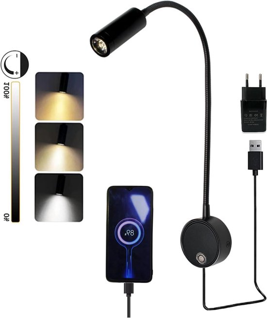 Bed Leeslamp met touch schakelaar en USB-aansluiting - dimbare LED ...
