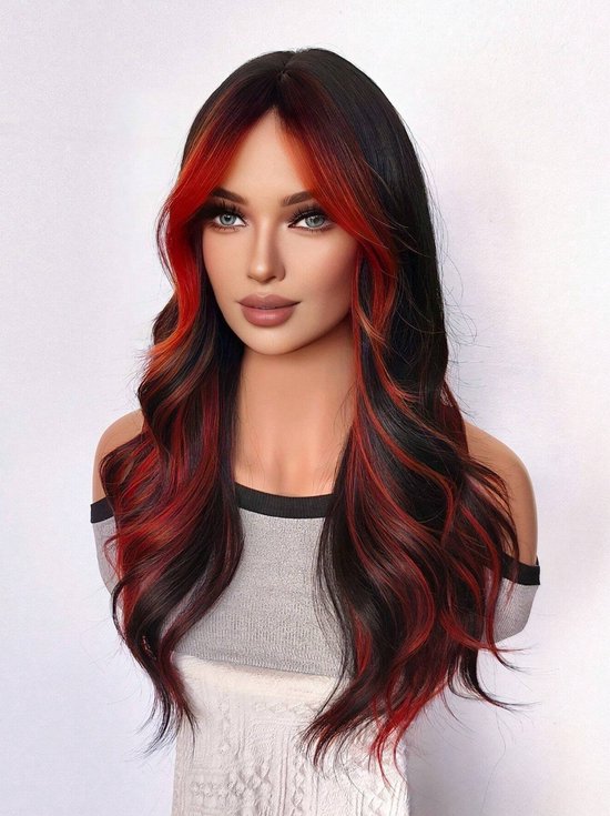 S&E Lange Zwart-Rode Pruik met Highlights en Curtain Bangs ...