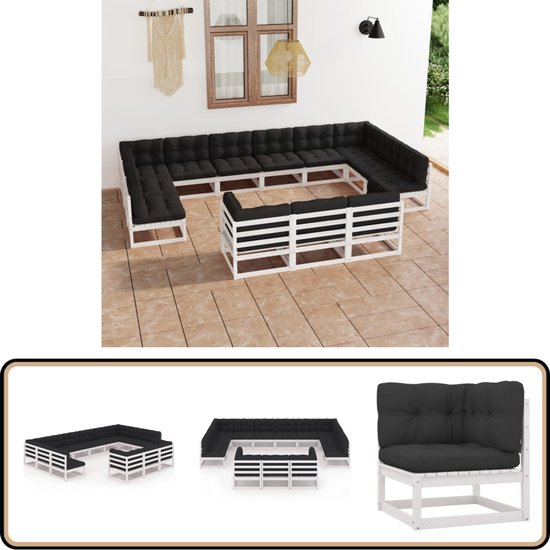 vidaXL Loungeset 13-delig - Grenenhout - Wit Loungestoel - Lounge Set ...