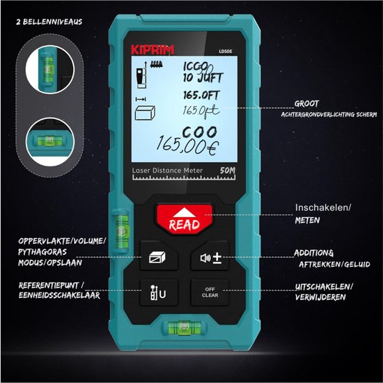 Laserafstandsmeter 50M - Digitale Afstandsmeter Met 2 Waterpassen - Meet Lengte... | bol