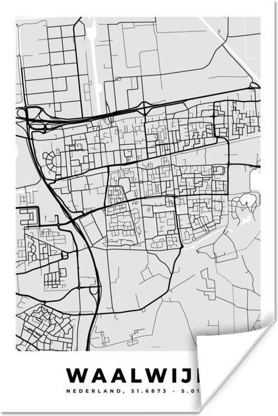 Poster Stadskaart - Waalwijk - Grijs - Wit - 80x120 cm - Plattegrond ...
