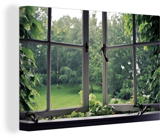 Canvas Schilderij Overwoekerd oud raam - 60x40 cm - Wanddecoratie | bol