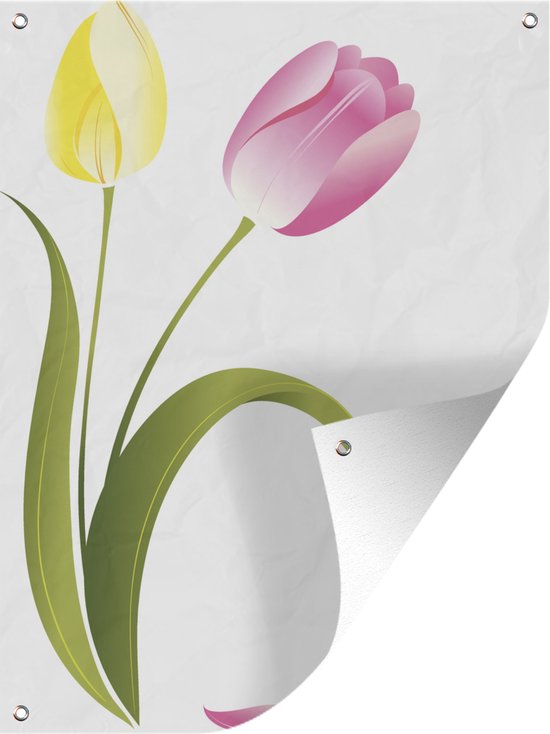 Tuinschilderij Een illustratie van een gele en roze tulp - 60x80 cm ...