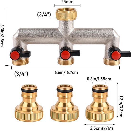 Waterkraanverdeler met 3/4 inch kogelkraan - 3-weg kraanadapter van messing -... | bol