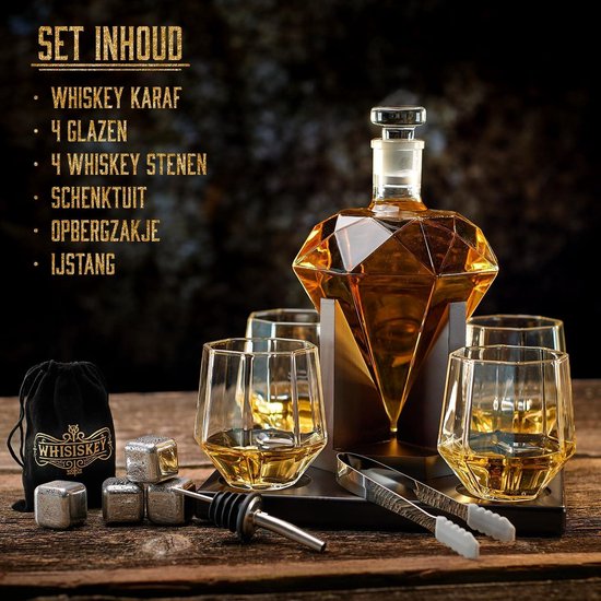 Whisky Karaf Set Diamant 1000 ml Decanter karaf - Luxe Geschenk voor Mannen - Incl. 4... | bol
