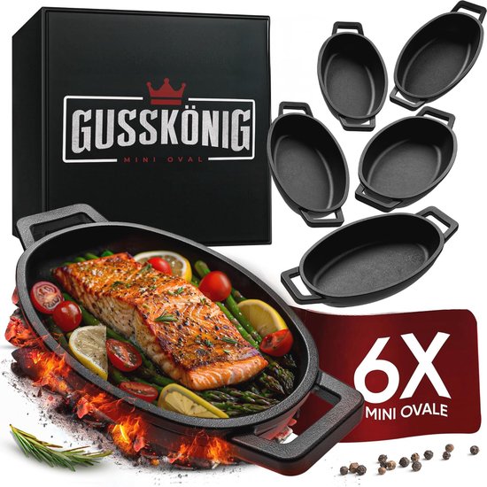 Serveerpannenset - 6 Ovale Gietijzeren Grillpannetjes 11x19 cm - Mini ...