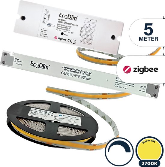 Led strip 5 meter warm wit Zigbee - COB - 24V - Complete set ...