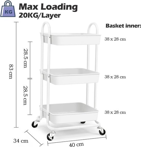Opbergtrolleywagen, Rolkar met 3 niveaus, Multifunctionele ...