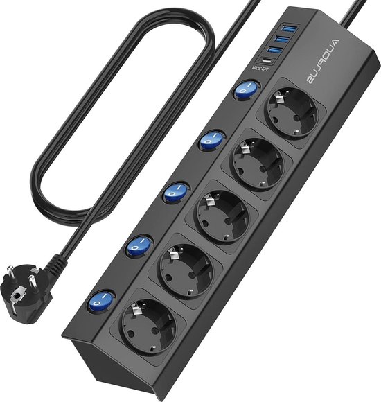 Stekkerdoos met USB-C PD 20W - 5 stopcontacten - Wandmontage - Met ...