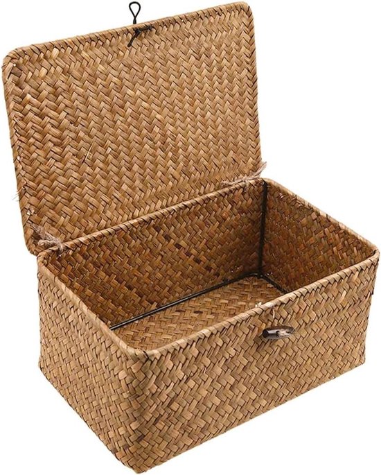 Rieten mand met deksel Sweet Living Geweven rotan opbergmand - Zeegras ...