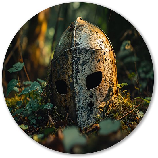 Verweerde riddershelm in het bos - Helm muurcirkel - Wandbord voorwerp ...
