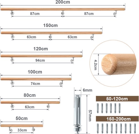 Trapleuning - 150 cm Beuken leuning balkon met metalen deuvels kelder ...