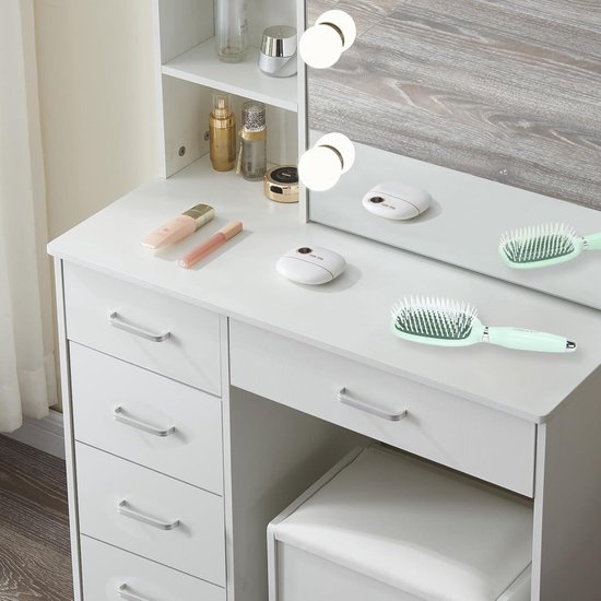 Makeup Table with LED Lighting, Adjustable Brightness, Mirror, Stool, 6 ...