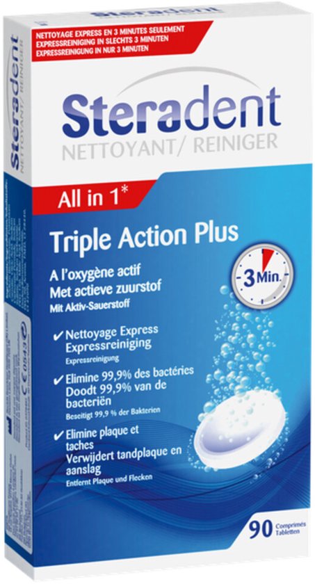 4x Steradent Triple Action Plus Kunstgebit Reiniger 90 tabletten | bol