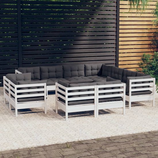 vidaXL 11-delige Loungeset met kussens massief grenenhout wit ...