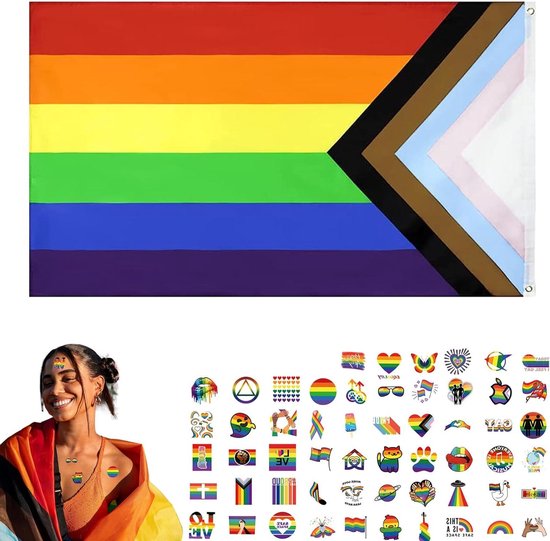 Progress Pride Vlag Stickerset - Regenboogvlag 150x90cm + 55 Stuks LGBTQ-stickers | bol