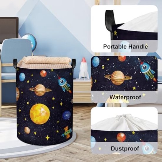 PolkaHome 45L Opvouwbare Wasmand Zwart - Ruimte Planeet Print - Waterdichte Opbergmand... | bol