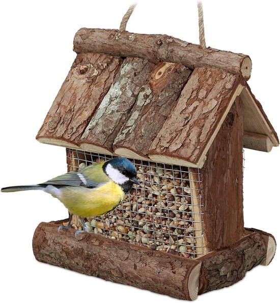 Titel: Hangend houten vogelvoederhuisje voor tuin HBD: 17x15x12 cm met silo - Geschikt... | bol