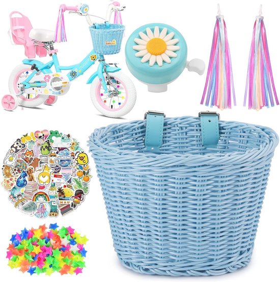 Blauwe Kinderfietsmand met Fietskwasten, Stickers en Bel ...
