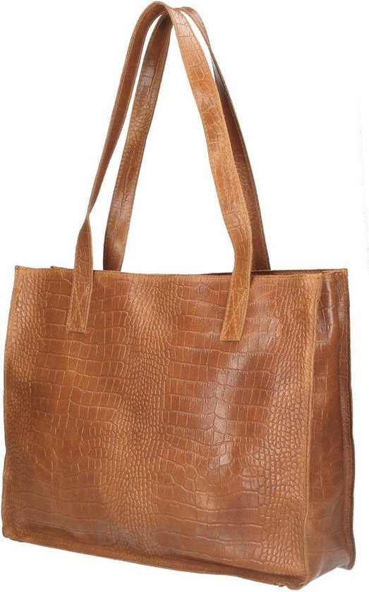 Cognac Leren Croco Shopper - Leren Shoppers Handtassen Kantoortassen ...