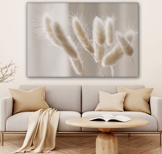 Canvas schilderij 140x90 cm - Wanddecoratie Pampasgras - Pluim - Wit - Muurdecoratie... | bol