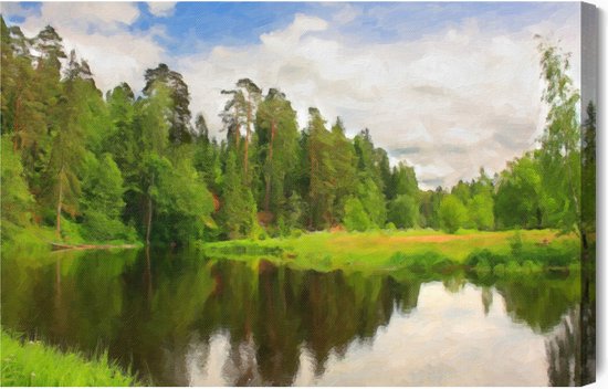 Schilderijkoning - Canvas Schilderij Boslandschap Met Een Meer - 120 x 80 cm | bol