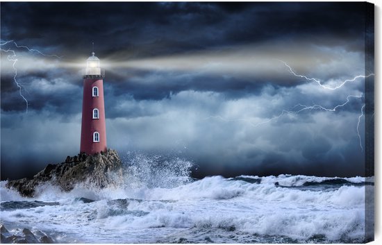 Schilderijkoning - Canvas Schilderij Zee Storm En Vuurtoren - 70 x 50 ...
