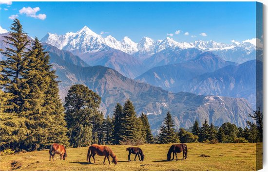 Schilderijkoning - Canvas Schilderij Paarden En Berglandschap - 120 x 80 cm | bol.com