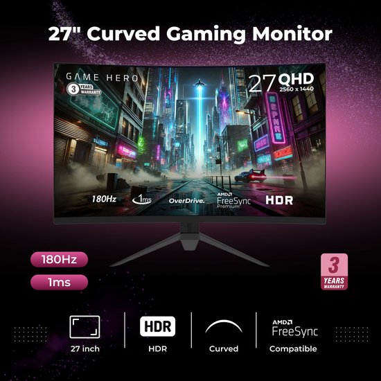 GAME HERO® 27 inch QHD VA Curved Monitor - Gaming Monitor - 180hz ...