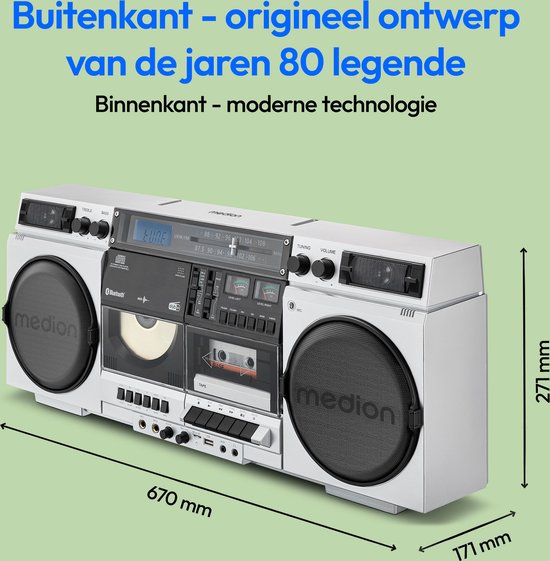 MEDION P66538 Cassetterecorder (retro boombox met cd-speler, jaren 80 ...