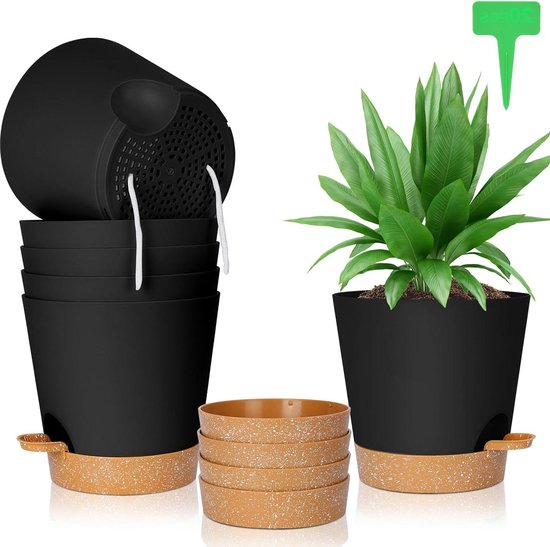 Pack of 6 Self-Watering Flower Pots with Coaster - 20 x 19 cm - Indoor ...