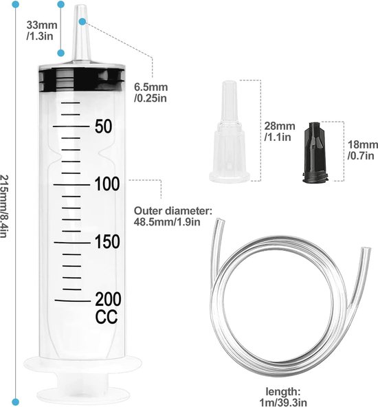 Grote herbruikbare spuit 200 ml met slang voor laboratorium, industrie ...