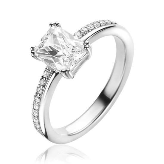 ZINZI zilveren ring met een grote rechthoekige witte zirkonia en kleine ...