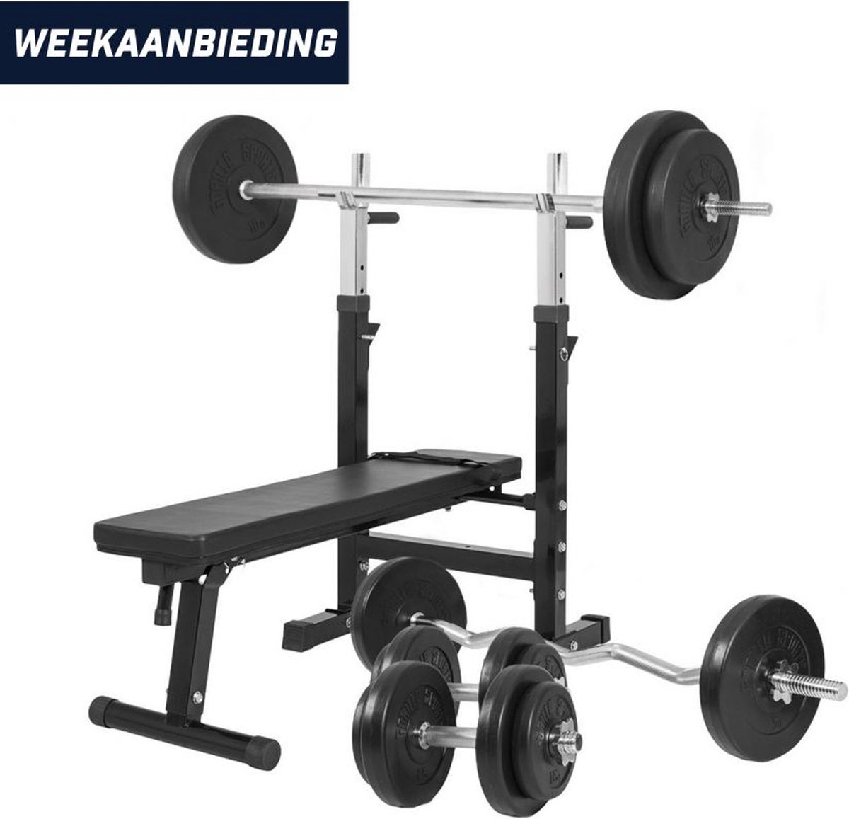 Gorilla Sports Halterbank zwart met 100 kg halterset - Fitnessbank ...