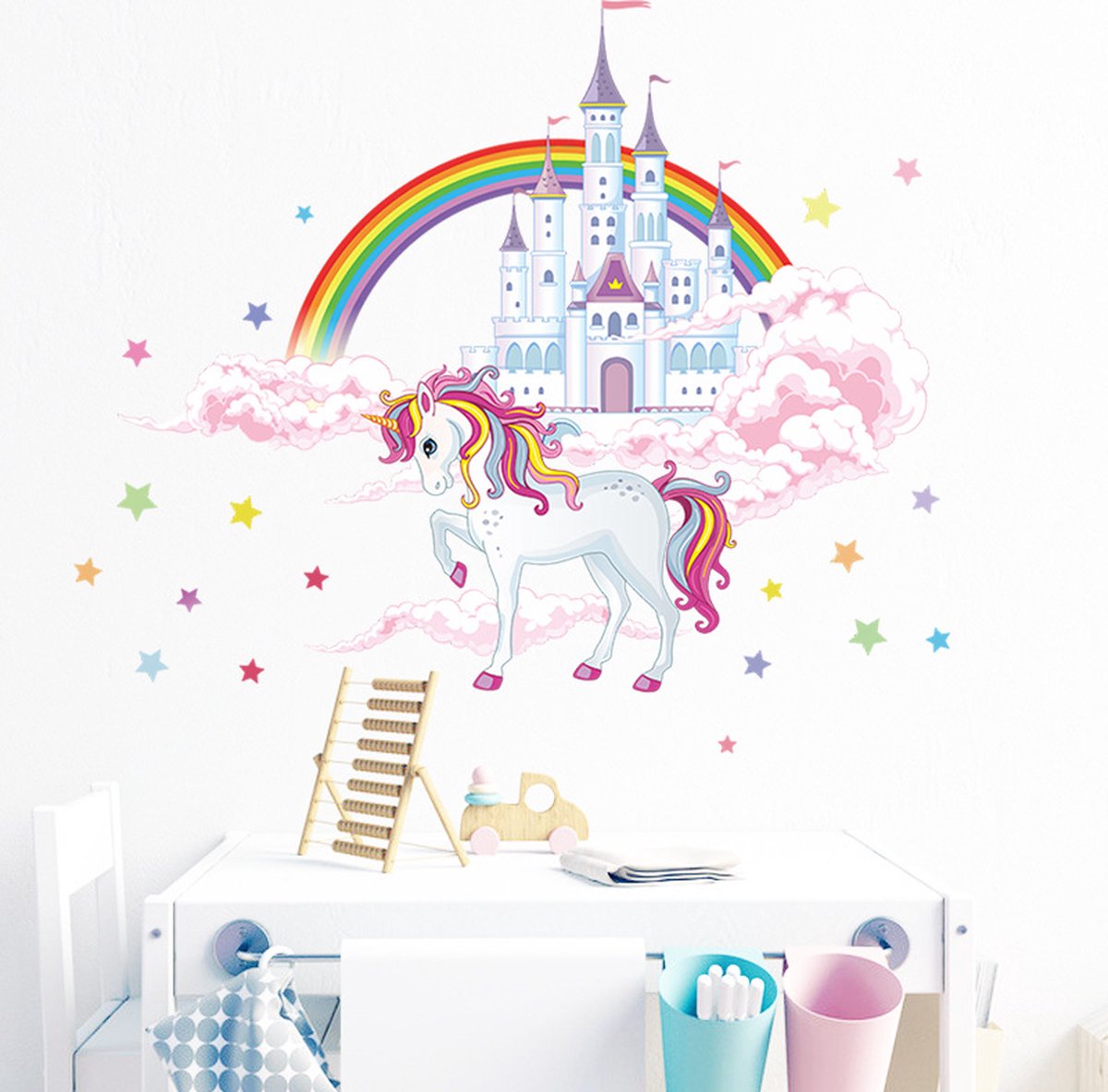Muurstickers unicorn kasteel - Regenboog - sterren - Kinderkamer ...