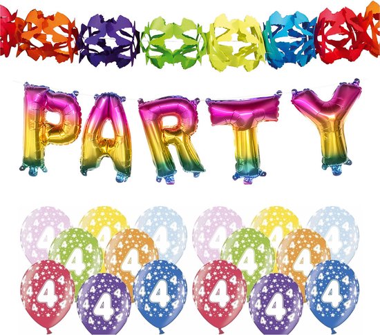 Partydeco - 4 jaar feestartikelen pakket slingers/ballonnen/letters ...
