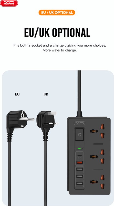 XO-WL06 Stekkerdoos met 4 USB , 1 type-C snel oplader en 3 plugs zowel ...