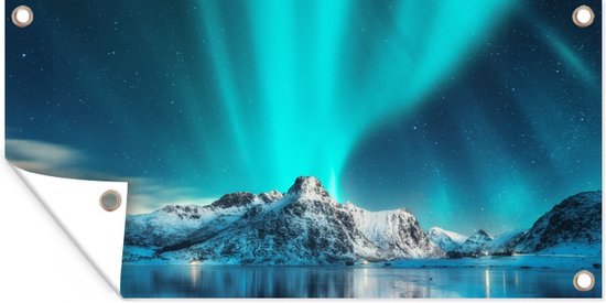 Wanddecoratie buiten Noorderlicht - IJs - Sneeuw - Noorwegen - Blauw ...