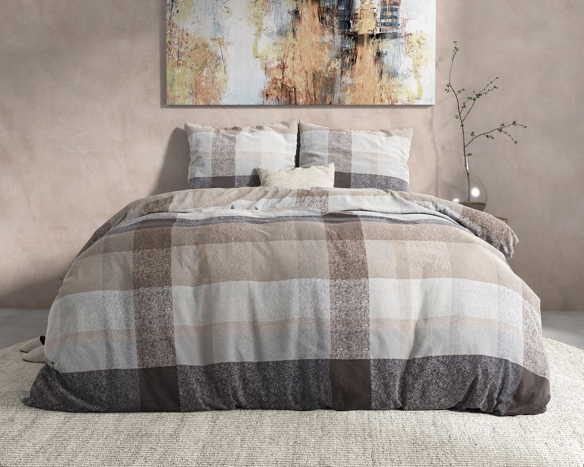 Droomtextiel Luxe Flanel Dekbedovertrek Geblokt Taupe - Zand - Lits ...