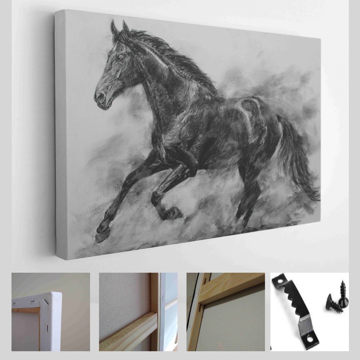 Houtskool schilderij van paard op canvas, dieren tekenen, mooi portret ...