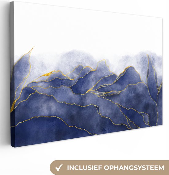Canvas Schilderij Marmer - Blauw - Marmerlook - Goud - Textuur - 90x60 cm - Wanddecoratie | bol