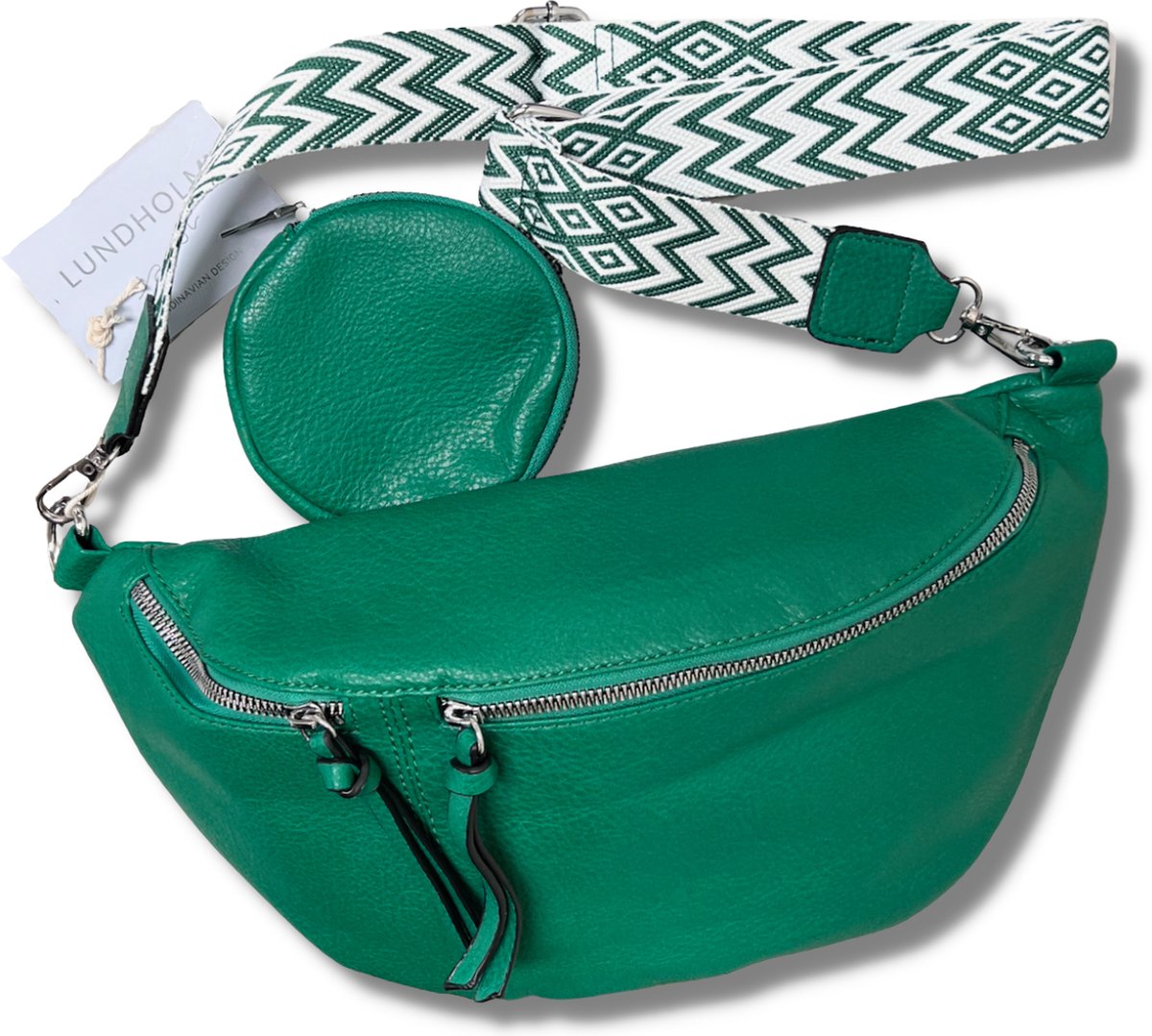 Lundholm heuptasje dames groot groen met tassenriem groen wit bag strap ...