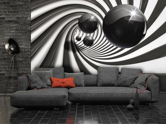 Fotobehang - Vlies Behang - Zwart-wit 3D Tunnel Tornado - 254 x 184 cm ...